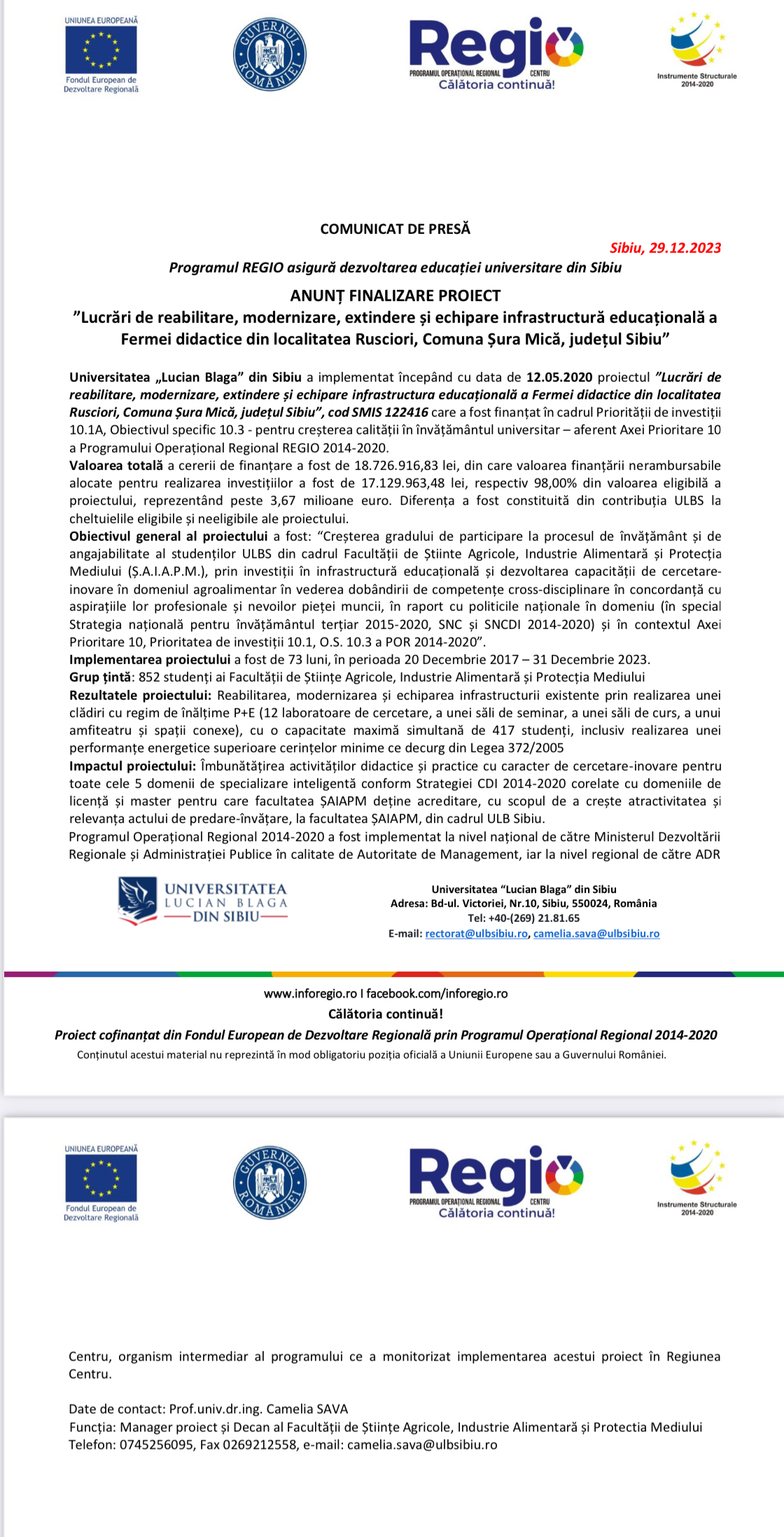 Programul REGIO asigură dezvoltarea educației universitare din Sibiu – Anunț finalizare proiect ...